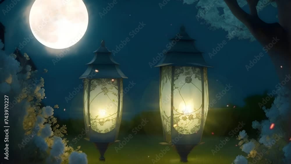 Two radiant lanterns illuminating the night under the full moon's glow ...