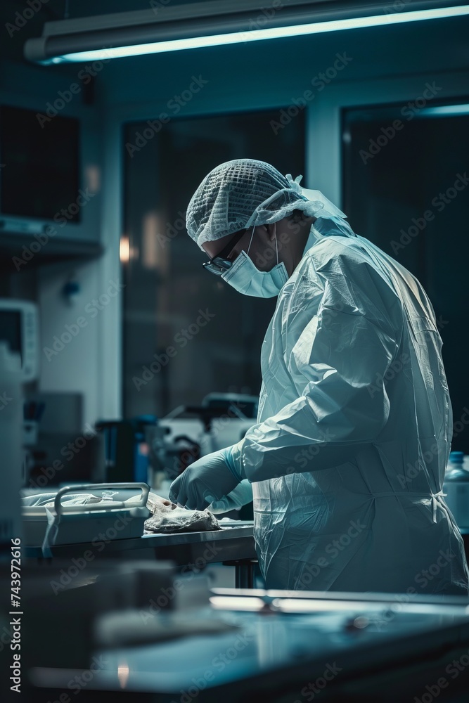 A man wearing a white lab coat, resembling a forensic pathologist, is ...