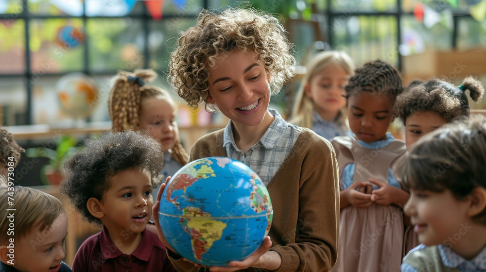 A teacher holding a globe, pointing to different countries as children ...
