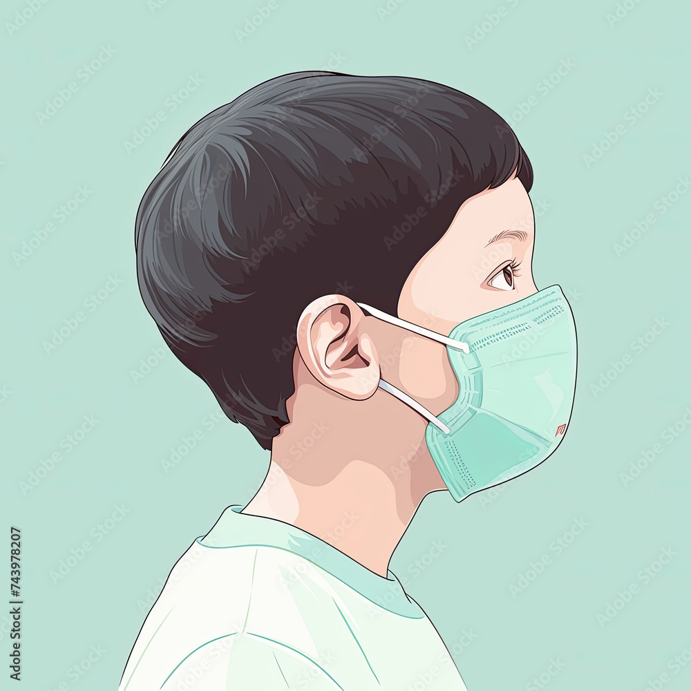 Minimal line illustration profile photo of anime boy wearing flu mask ...