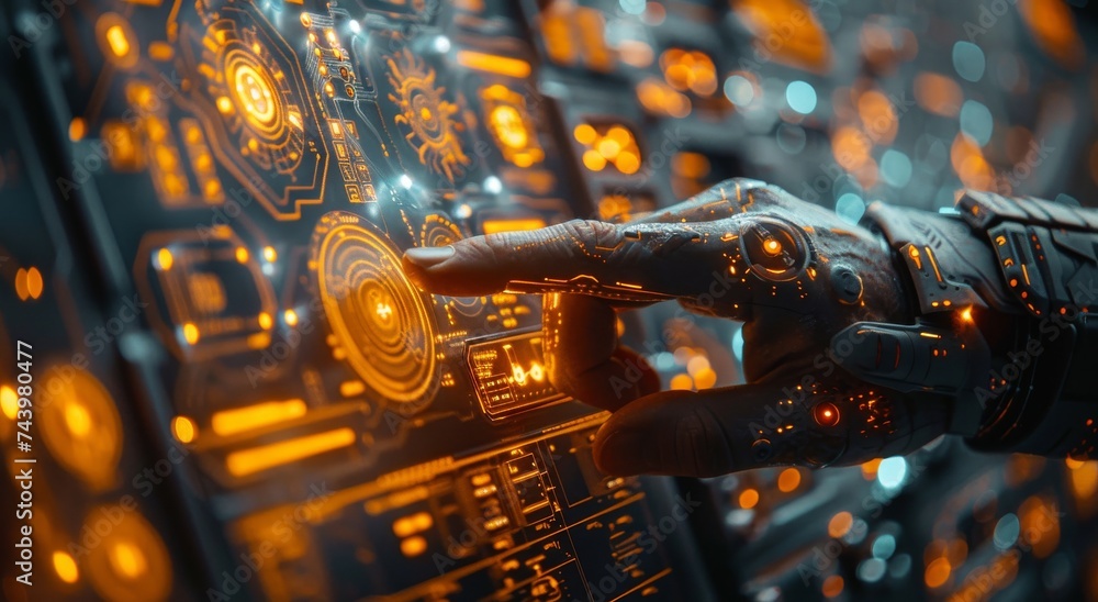 A ray of connection illuminates as a hand reaches out to the digital ...