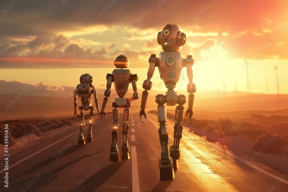 Generate an awe inspiring scene of robots and humans taking a ...