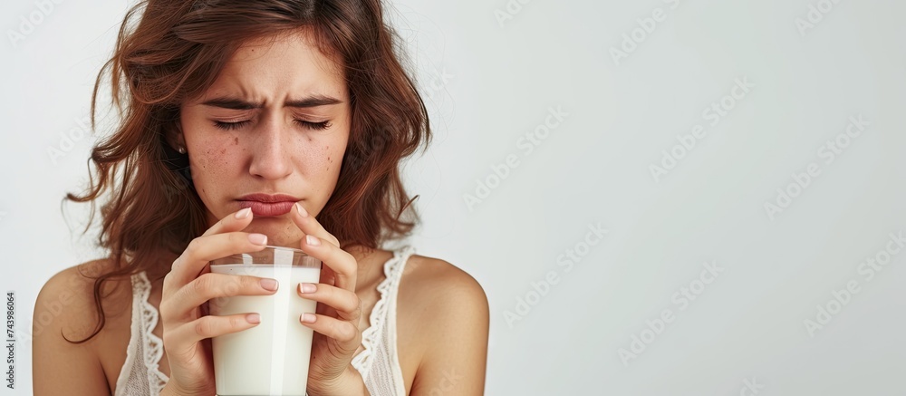 Milk allergens Sick sad unhealthy ill allergic woman runny stuffy sore ...