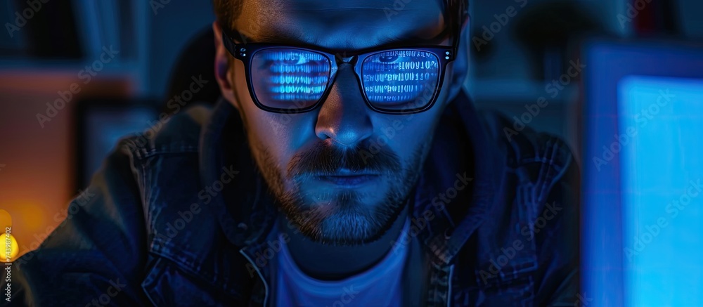 Computer hacker cyberpunk and neon woman hacking software online server or programming password ...