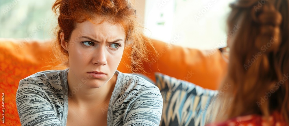 Sad frustrated woman talking in a session with a psychotherapist about ...