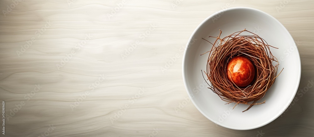 Bird s nests placed on wooden dish empty label jars on brown podium and ...