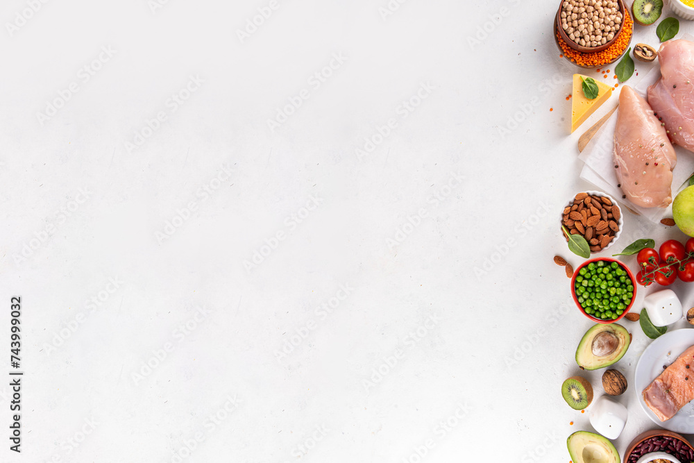 Clean Eating Diet foods background, fruits, vegetables, lean proteins ...