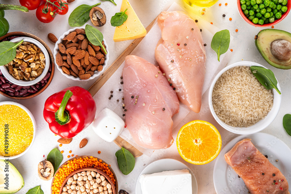 Clean Eating Diet foods background, fruits, vegetables, lean proteins ...