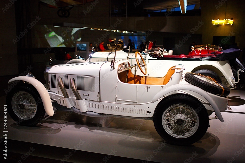 STUTTGART, GERMANY - 23, 2024 - Gallery with ancient Mercedes Benz car ...