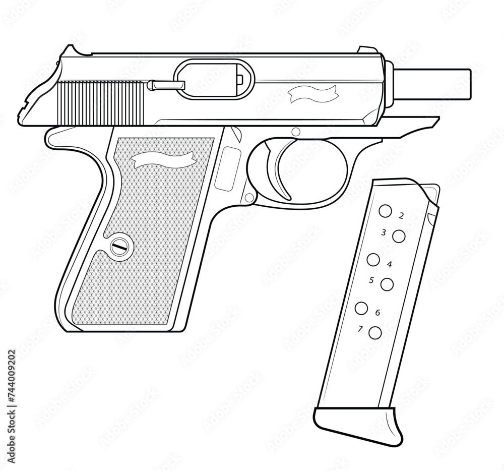 Vector illustration of the automatic pistol and magazine on the white ...