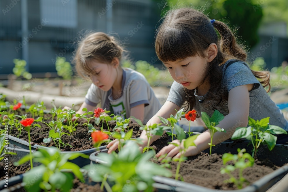 Two young girls are attentively planting flowers in a garden bed ...