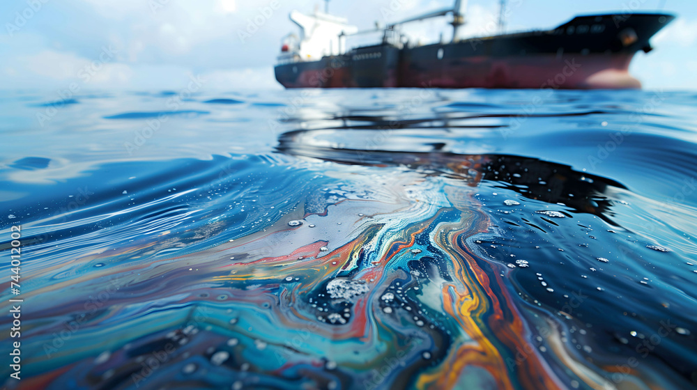 oil floating on the surface of the ocean, water pollution and chemicals ...
