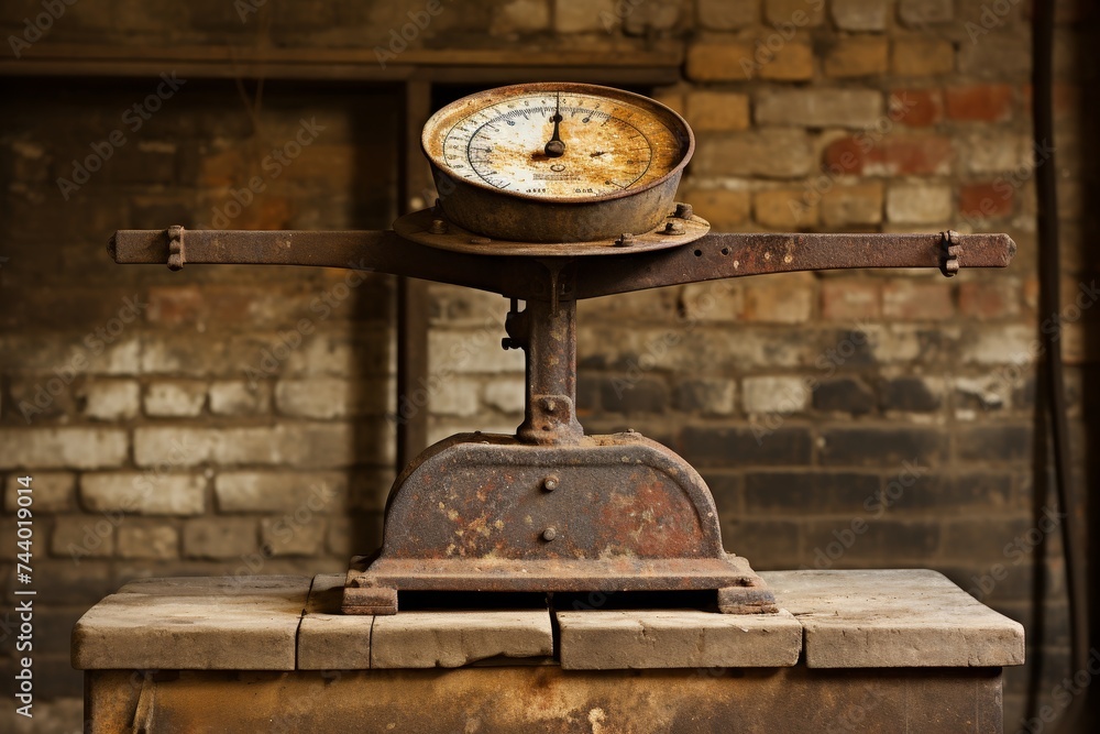 Detailed shot of an antique scale pan in a rustic industrial setting ...