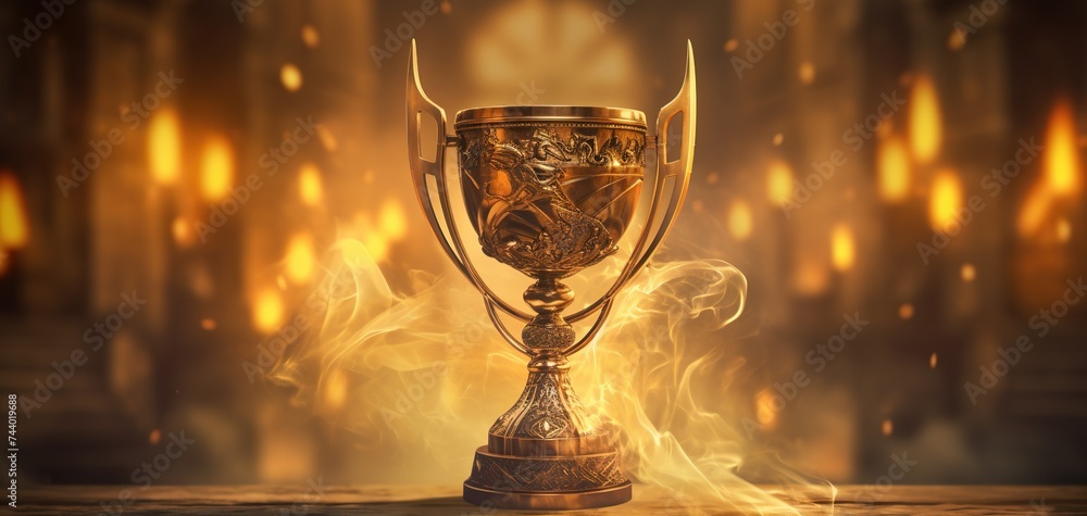 Goblet of fire trophy with engraving isolated on golden glow background ...