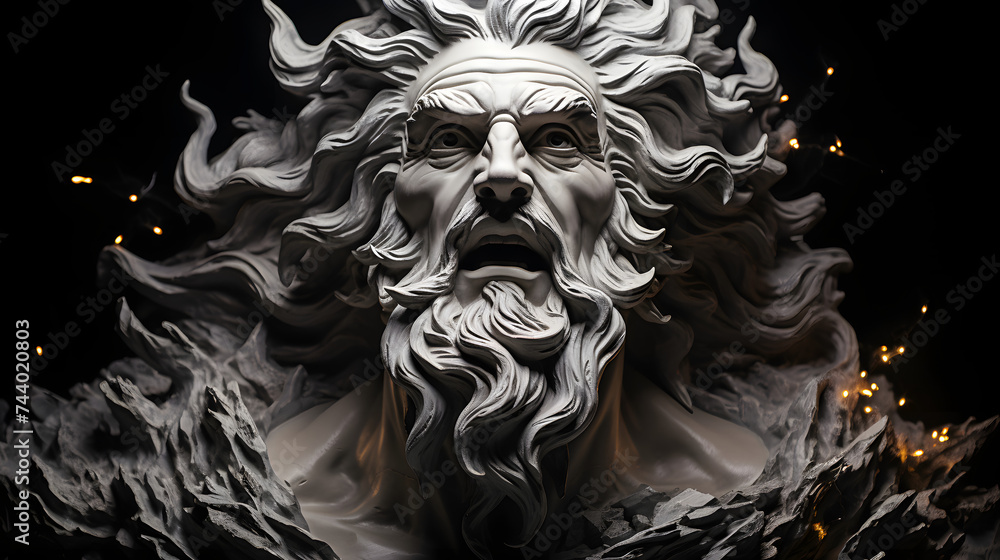 realistic design of sculpture of the god zeus with rays coming out of ...
