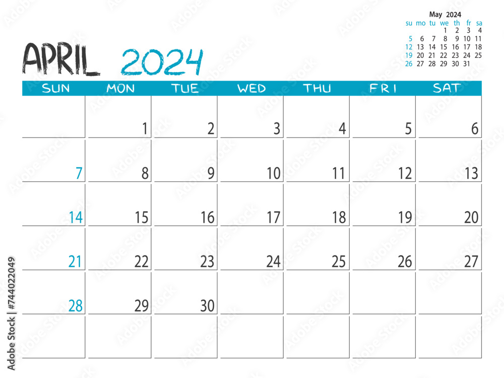Calendar 2024 year. April 2024 planner. Daily planner. Desctop calendar ...