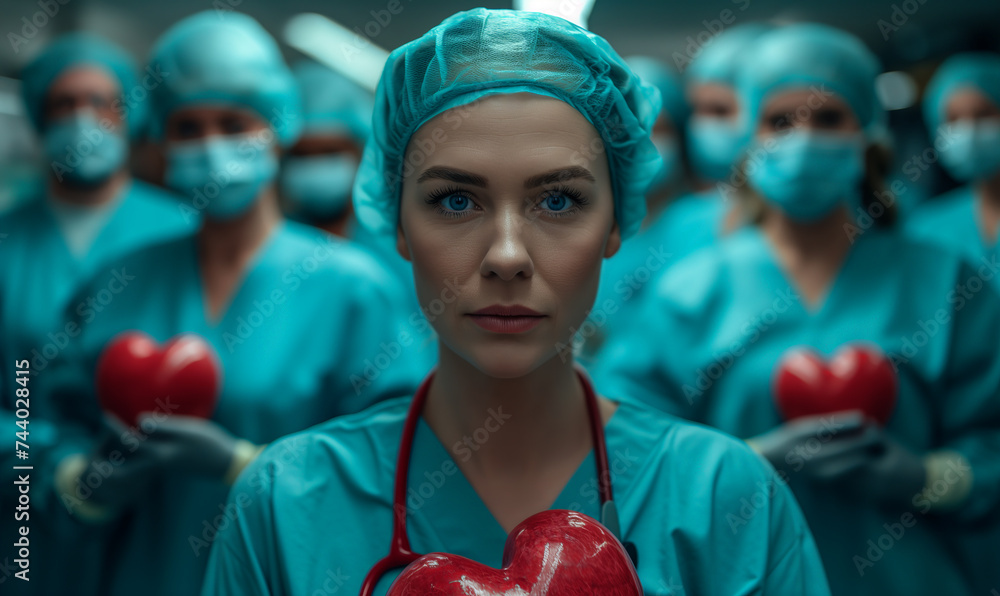 Team of medical doctors, each holding a red human heart in their hands ...