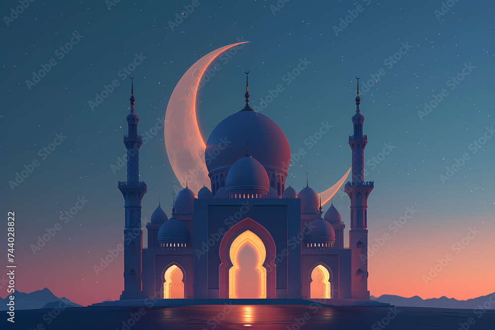 Mosque and Islamic symbol of crescent moon. Eastern cultural landmark ...