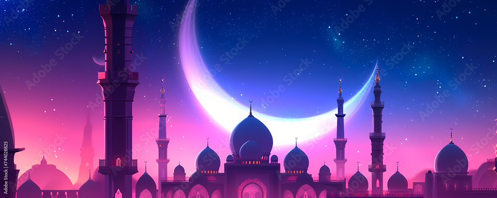 Mosque and Islamic symbol of crescent moon. Eastern cultural landmark ...