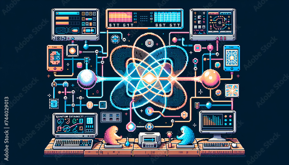 Pixel art depiction of quantum entanglement communication with retro ...