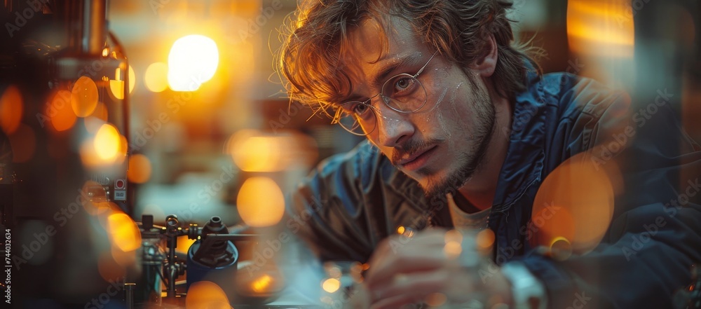 A somber human face, obscured by glasses, reflects in the light as the ...