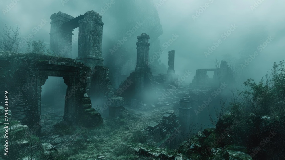 An ancient ruin on a misty mountain, with forgotten temples and ...