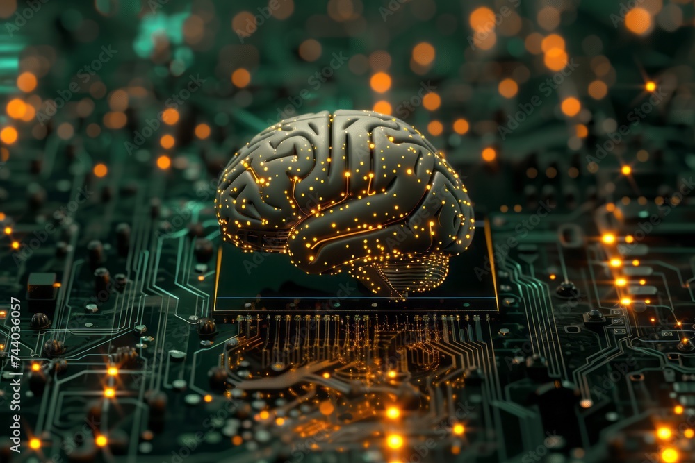 Close up neural circuit and electronic cyberbrain on the surface of a ...