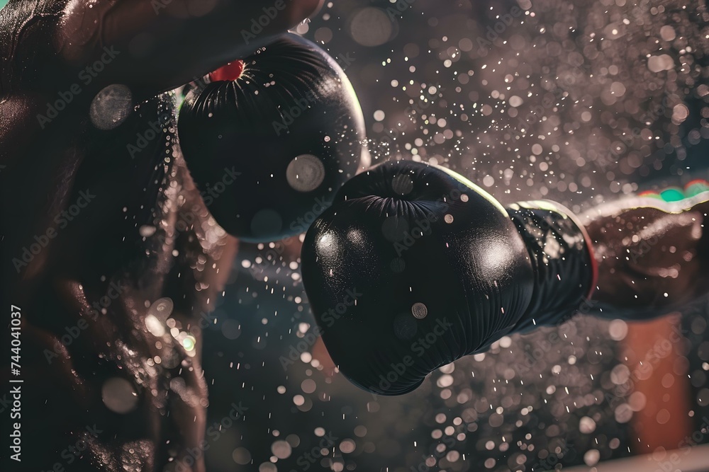 Competitive boxers in action on stage highlighted by boxing gloves ...