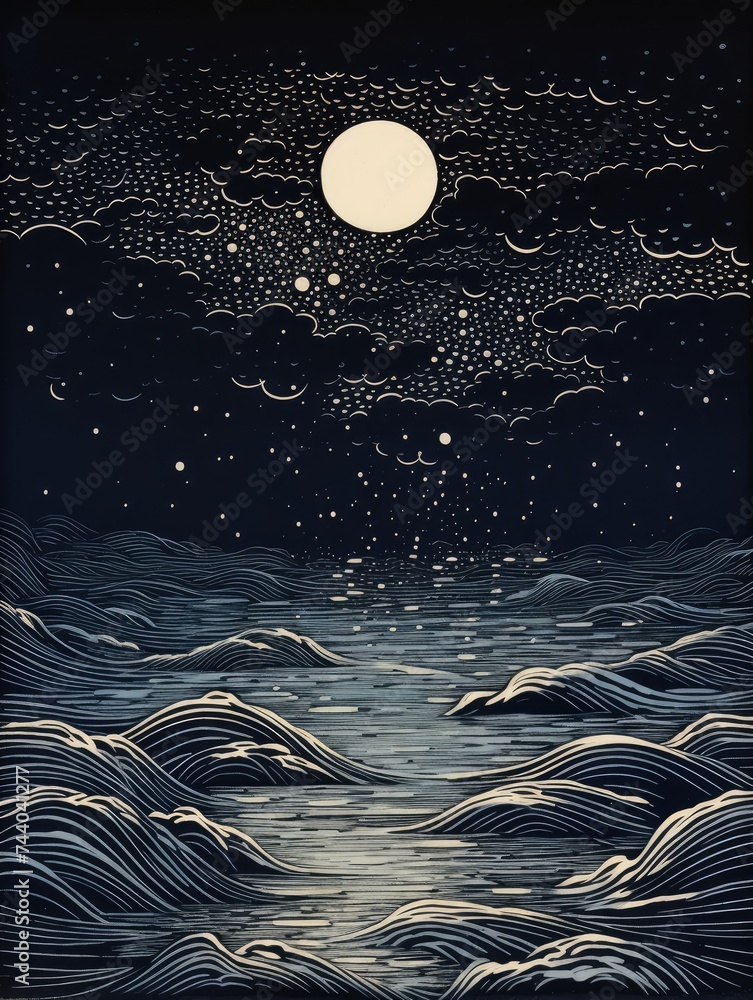 A drawing depicting crashing waves under a full moon, capturing the ...