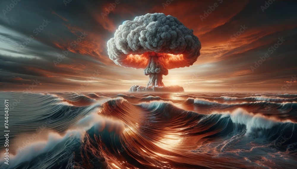 Showing the aftermath of a nuclear detonation, with a towering mushroom ...