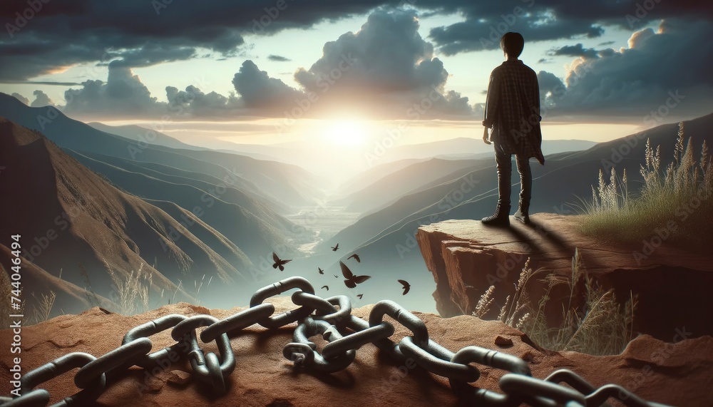 Person standing at the edge of a cliff, gazing into the distance ...