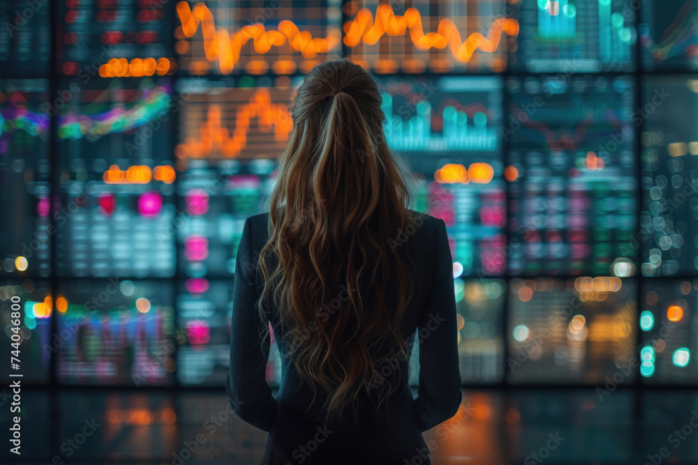 Caucasian woman trader in suit on the background of huge monitors with ...