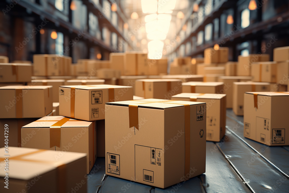 generated illustration of background with lots of card board boxes ...