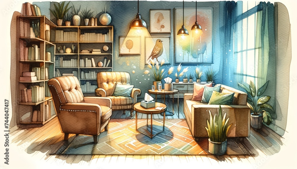 Watercolor illustration of a calming therapy or counseling environment ...