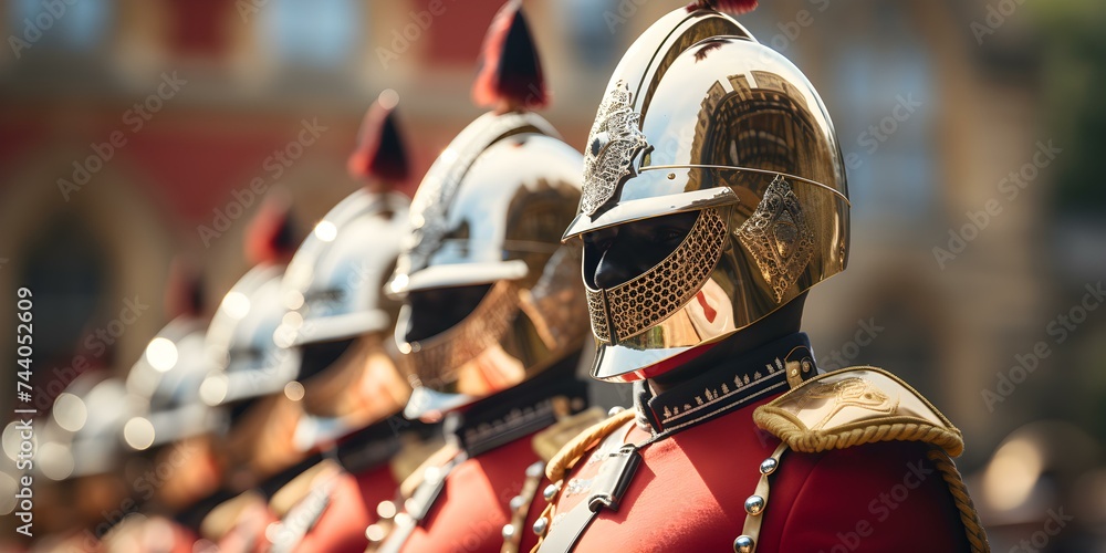 Royal ceremonial guards in iconic red uniforms marching during jubilee ...