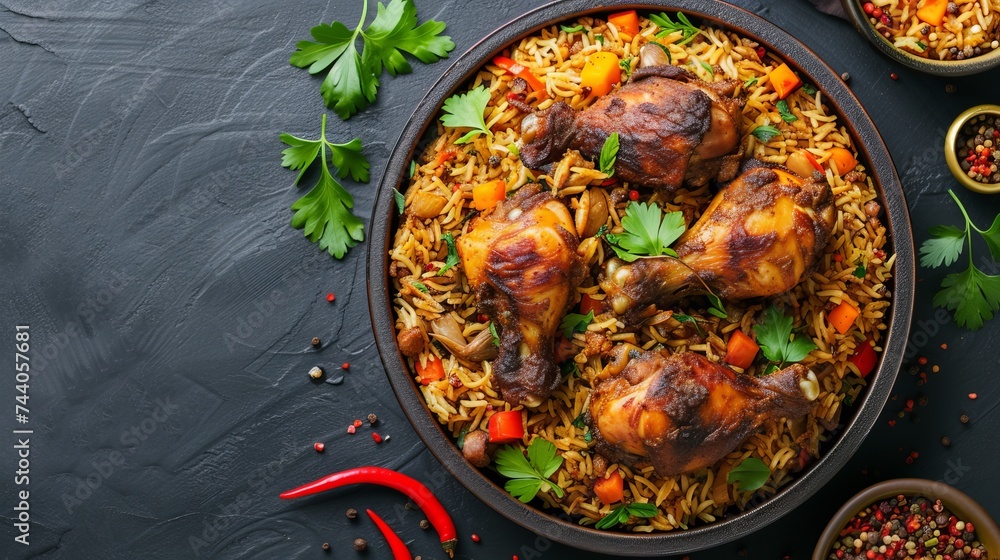 Top view of Chicken Mandy: Arab cuisine's national dish, chicken kabsa ...