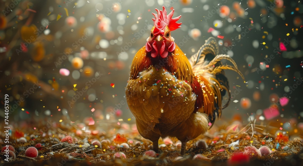 A majestic rooster proudly stands in his lush nest, embodying the ...