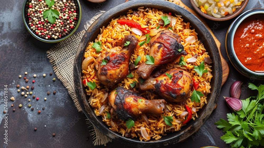 Top view of Chicken Mandy: Arab cuisine's national dish, chicken kabsa ...