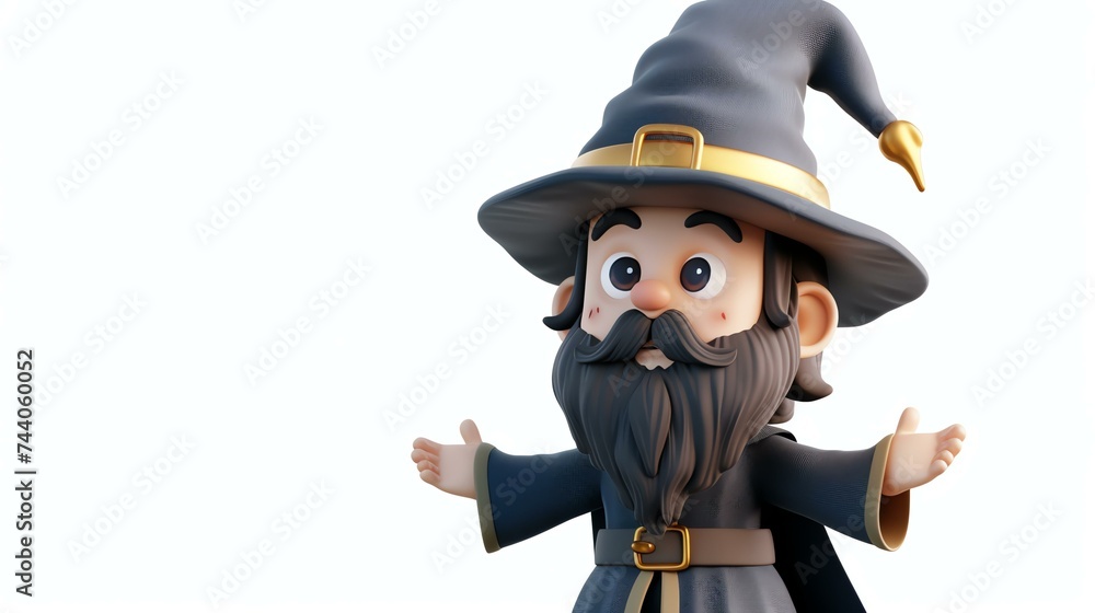 3D rendering of a cute wizard character. The wizard is wearing a blue ...