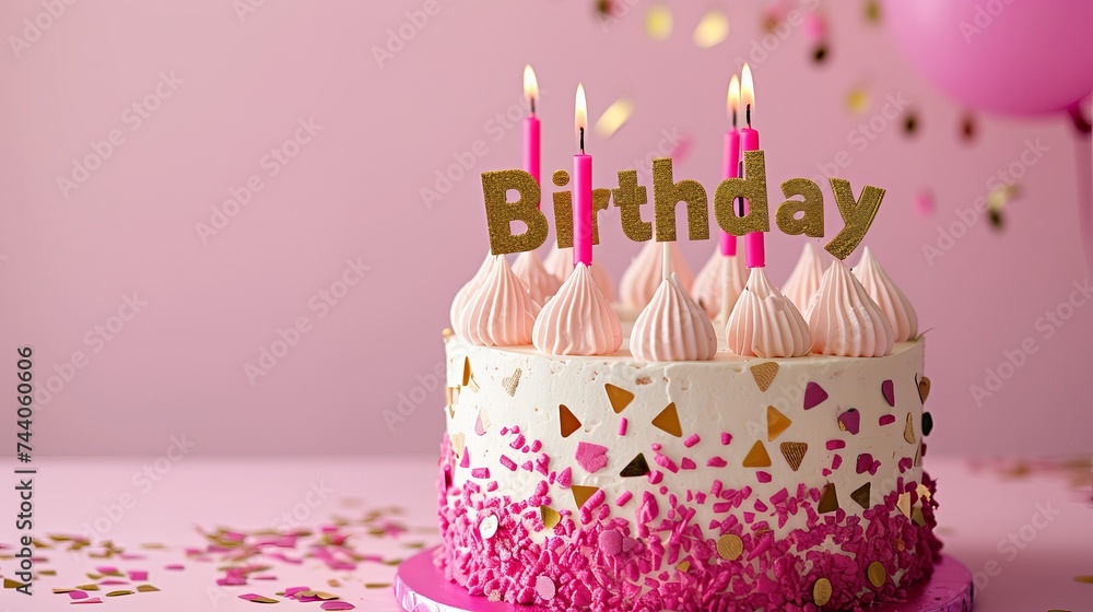 Happy birthday is written on a celebration birthday cake with pink and ...