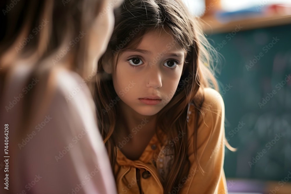 Student distressed and crying in classroom with teacher offering ...