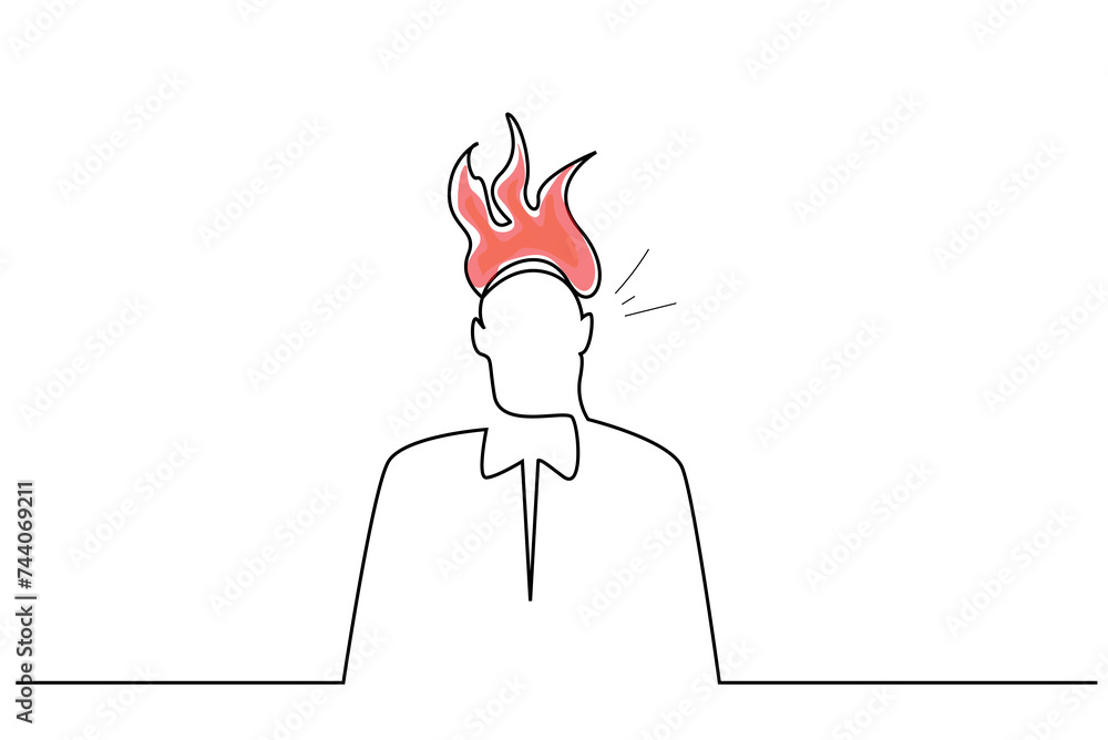 man person head on fire angry stressed profile one line art design ...
