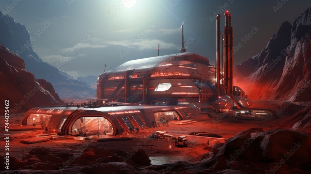 Futuristic research station on Mars, human colony. Concept of red ...