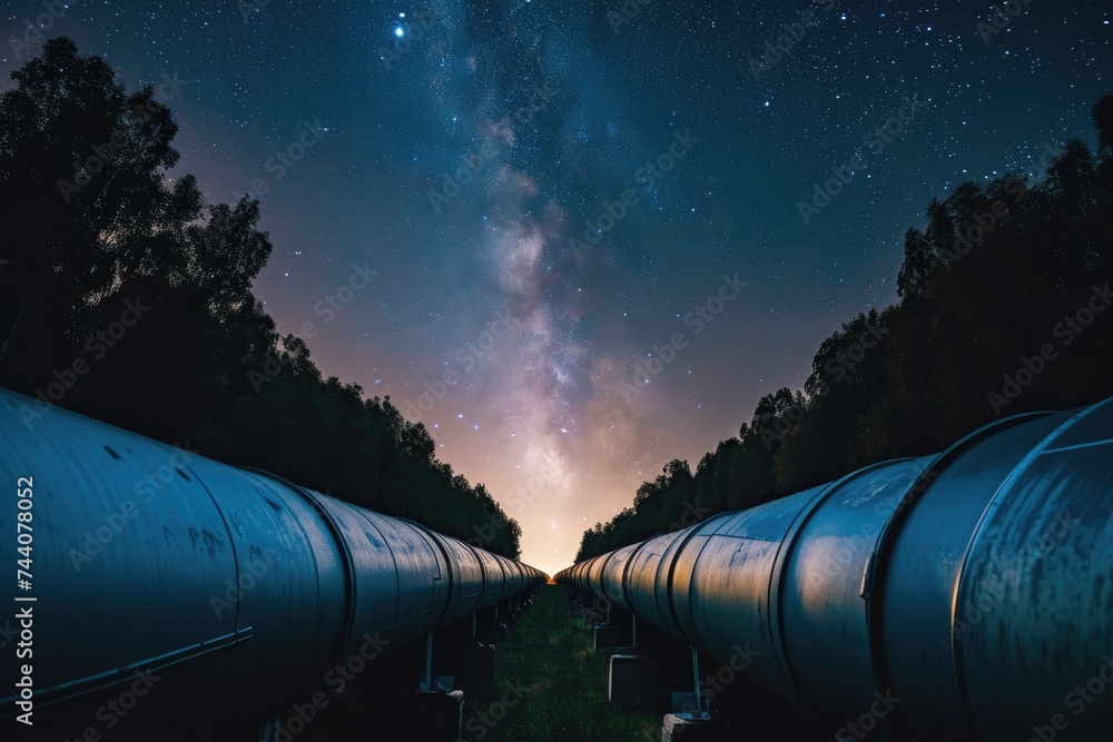 Long Line of Gas Tanks With Milky Way in the Background, Industrial ...