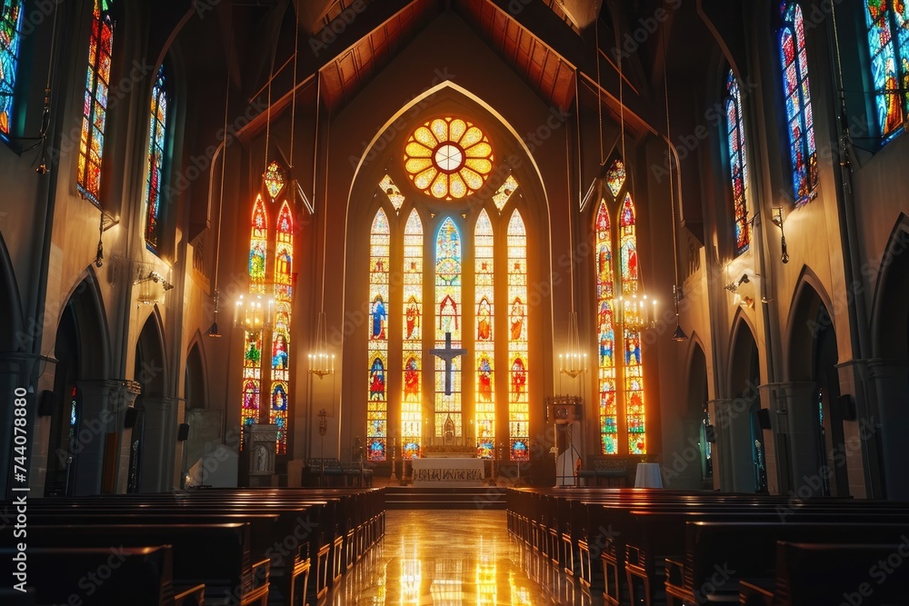 Church With Stained Glass Windows and Pews, Interior of an old ...