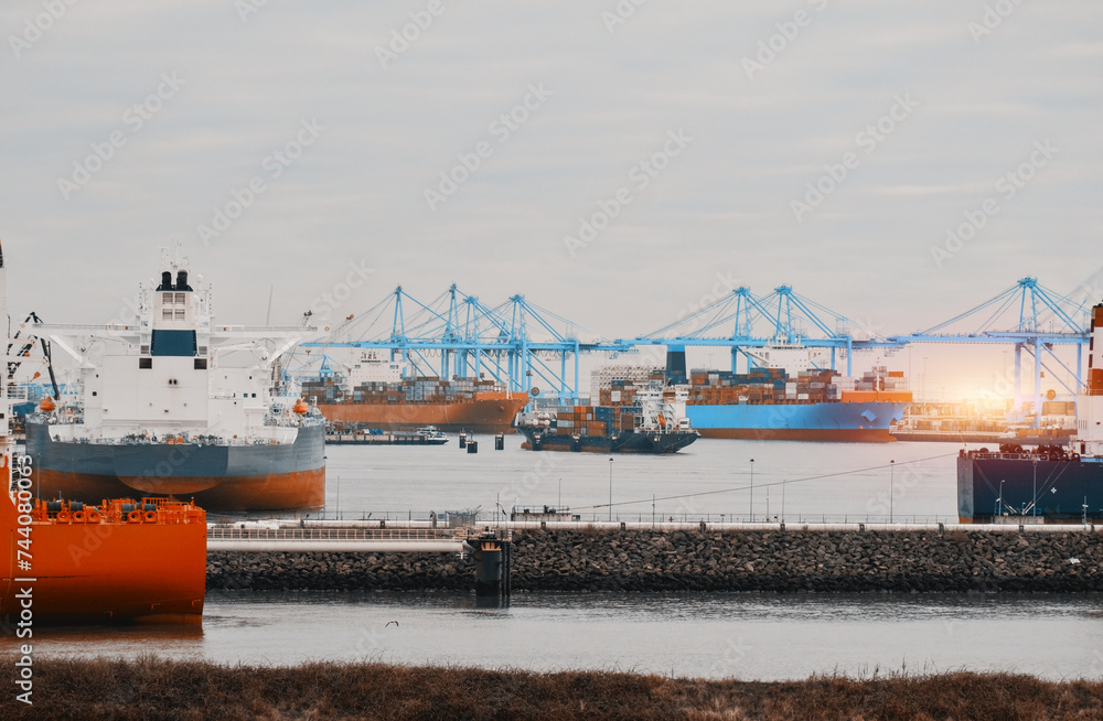 Merchant Cargo Ships Of Different Types and Purposes In The Trade Port ...