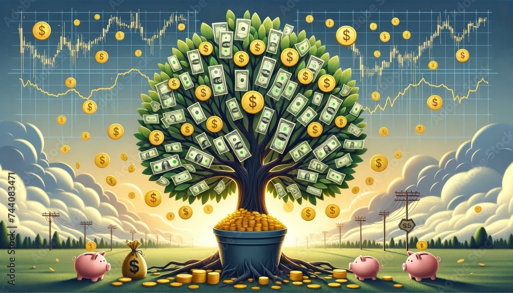 An illustration of a giant money tree with dollar bills and coins ...