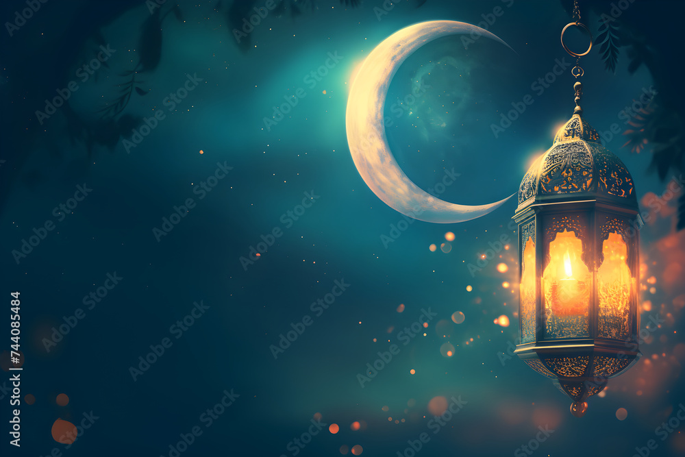 Ornamental glowing Arabic lantern and Islamic symbol of crescent moon ...