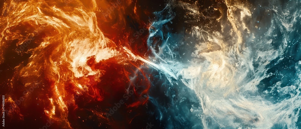 a close up of an orange and blue fire and ice pattern on a black ...