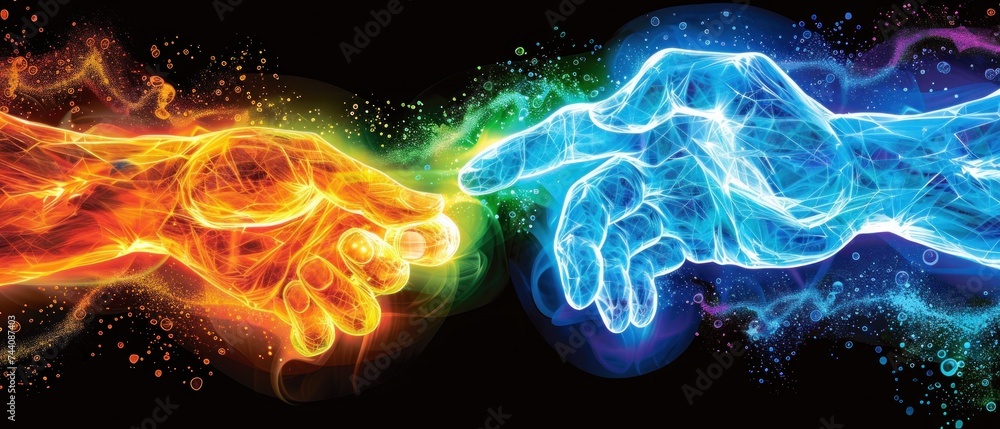a close up of two hands touching each other with fire and ice in the ...
